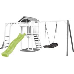 AXI Beach Tower Spielturm aus Holz in Weiß & Grau Spielhaus für Kinder mit hellgrüner Rutsche, Klettergerüst, Roxy Nestschaukel und Sandkasten