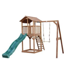 Beach Tower Spielturm aus Holz in Braun Spielhaus für Kinder mit grüner Rutsche, Schaukel und Sandkasten Stelzenhaus für den Garten - Braun - AXI