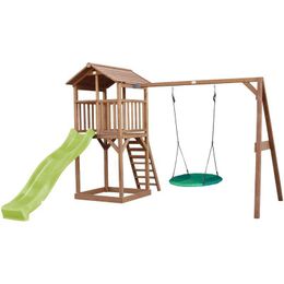 AXI Beach Tower Spielturm aus Holz in Braun Spielhaus für Kinder mit hellgrüner Rutsche, Summer Nestschaukel und Sandkasten Stelzenhaus für den Garten