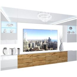 Wohnwand Vollausstattung Wohnzimmer-Set Moderne Schrankwand mit LED-Beleuchtung Anbauwand TV-Schrank Weiß Top Seiten Weiß unten/Eiche Wotan - Belini