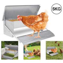 VINGO Futterautomat Hühner 5kg - Hühner Futterspender aus Verzinkter Stahl für Geflügel, wasserdicht und rattensicher - Silber