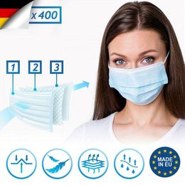 Virshields - Mund und Nasenschutz - 400 Stück, 3-lagig, Allgemeine Verwendung, Blau, Made in eu - Masken Mundschutz, Einweg Gesichtsmaske,