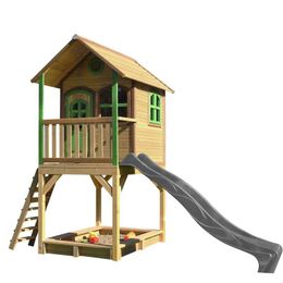AXI Spielhaus Sarah mit Sandkasten & grauer Rutsche Stelzenhaus in Braun & Grün aus fsc Holz für Kinder Spielturm mit Wellenrutsche für den Garten