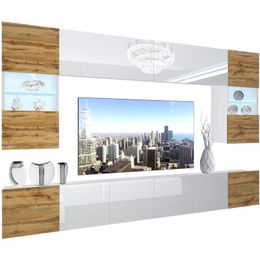 Wohnwand Vollausstattung Wohnzimmer-Set Moderne Schrankwand mit LED-Beleuchtung Anbauwand TV-Schrank Eiche Wotan/Weiß - Belini