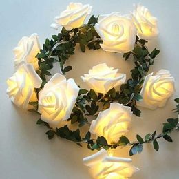 Minkurow - Rose Green Leaves String Lights, 3m 20led Warm White Rattan Flowers Fairy Lights, Battery Powered Dekorative Lights for Birthday Party