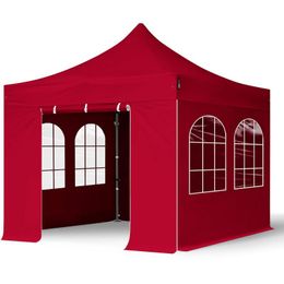 3x3 m Faltpavillon, premium Stahl 40mm, Seitenteile mit Sprossenfenstern, rot - rot