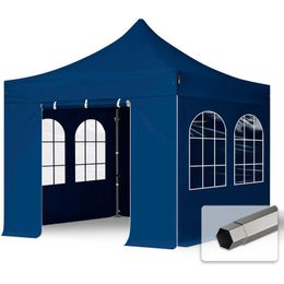 3x3 m Faltpavillon, premium Stahl 40mm, Seitenteile mit Sprossenfenstern, blau - blau