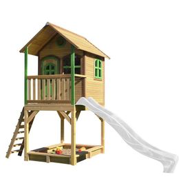 AXI Spielhaus Sarah mit Sandkasten & weißer Rutsche Stelzenhaus in Braun & Grün aus fsc Holz für Kinder Spielturm mit Wellenrutsche für den Garten