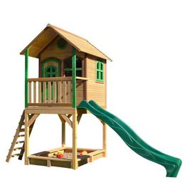 AXI - Spielhaus Sarah mit Sandkasten & grüner Rutsche Stelzenhaus in Braun & Grün aus fsc Holz für Kinder Spielturm mit Wellenrutsche für den Garten