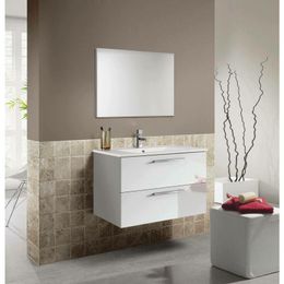 Dmora - Unterschrank Inglewood, Abgehängter Badezimmerschrank, Kleiderschrank mit 2 Schubladen und Spiegel, cm 80x45h57, Glänzend weiß