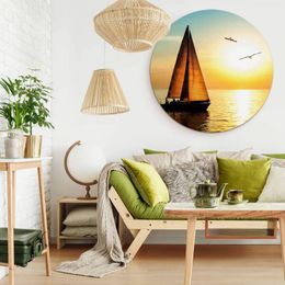 K&L WALL ART Alu-Dibond-Poster Rund Metalloptik Wandbild Maritim Deko Segelboot Sonnenuntergang Urlaub ø 30cm - orange