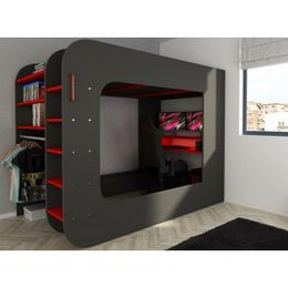 CAESAROO Hochbett Pro Gamer für ein Kind Graphit Schwarz und Rot mit Schreibtisch Schwarz und Rot