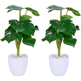 Kunstpflanze Monstera, 2er Set künstliche Pflanzen, im Topf, Plastikpflanzen, h x d: 33 x 20 cm, grün/weiß - Relaxdays