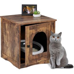 Katzenschrank für Katzentoilette, Tür mit offenem Eingang, Industrial-Stil, hbt 50x48x50 cm, Katzenhaus, braun - Relaxdays