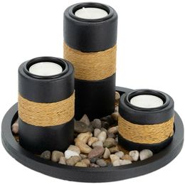 Teelichthalter Set mit Tablett & Steinen, ø 19,5 cm, Tischdeko Wohn- & Esszimmer, Kerzenhalter, schwarz/braun - Relaxdays