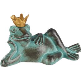 Relaxdays 1 x Gartenfigur Froschkönig, wetterfest, liegender Frosch, mit Krone, Dekofigur, Balkon, Gusseisen, Größe s, grün