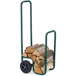 Kaminholzwagen, 2 Gummireifen, Holzwagen bis 60 kg, für gängige Holzscheite, Brennholz-Sackkarre, Stahl, grün - Relaxdays