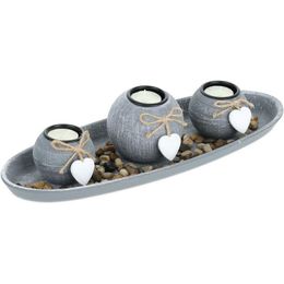 Relaxdays Teelichthalter Set mit Tablett & Steinen, 38 cm lang, Tischdeko Wohnzimmer, Esszimmer, Kerzenhalter, grau/weiß