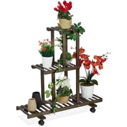 Pflanzenregal, Blumenständer mit 3 Ablagen, Bambus, HxBxT 82 x 81 x 36 cm, rollbar, Blumenregal innen, braun - Relaxdays