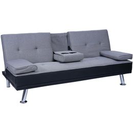 3er-Sofa HHG 179, Couch Schlafsofa Gästebett, Tassenhalter verstellbar 97x166cm Kunstleder/Textil, schwarz/hellgrau - grey
