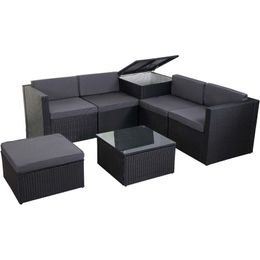 HHG - Poly-Rattan-Garnitur 609, Balkon-/Garten-/Lounge-Set Sofa Sitzgruppe, Box Staufach anthrazit, Kissen dunkelgrau - black