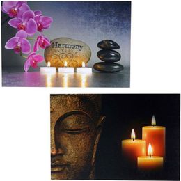 HHG 2er-Set LED-Bild Leinwandbild Leuchtbild Wandbild 40x60cm, Timer Buddha + flackernd - multicolour