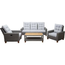 Gartengarnitur HHG 186, Sitzgruppe Lounge-Set, Akazie Holz halbrundes Rattan verstellbar mvg grau, Kissen hellgrau - grey