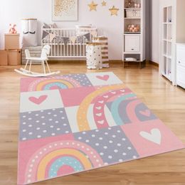 Teppich Kinderzimmer Kinderteppich Kurzflor Rutschfest Herzen Sonne Regenbogen 160x220 cm, Bunt 3 - Paco Home