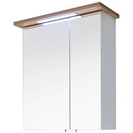 Lomadox Badezimmer Spiegelschrank MALANJE-66 in weiß Glanz & Riviera Eiche quer Nb., mit Kranzbeleuchtung - b/h/t: 60/72/20cm - braun