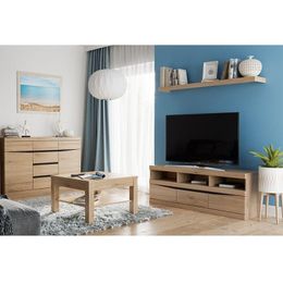 Lomadox Wohnzimmer Set mit tv Möbel und Couchtisch SANFORD-129 in Eiche hell Nb. - braun