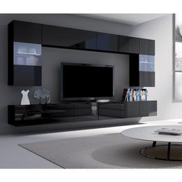 Lomadox Moderne Wohnwand mit Beleuchtung in schwarz Hochglanz CAIRNS-132, b/h/t ca. 300/200/43 cm - schwarz
