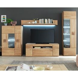 Lomadox TV-Wohnwand Wohnzimmer BADALONA-05 aus Massivholz Eiche Bianco, Fronten gerundet, - B/H/T: 330/208/50cm - braun