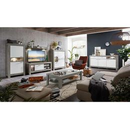 Lomadox Wohnwand Set mit Couchtisch und Sideboard GRONAU-55 in weiß matt und Haveleiche Nb., BxHxT 585x160x47cm - braun