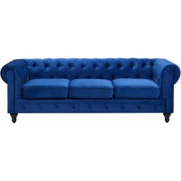 Beliani 3-Sitzer Sofa Marineblau Samtstoff mit Dicken Sitzkissen Holzbeinen Armlehnen Chesterfield Stil Knopfheftung Glamourös Wohnzimmer Ausstattung