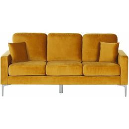 Beliani Sofa Gelb Samtstoff 3-Sitzer dicke Polsterung mit 2 Dekokissen Metallfüßen freistehend für Wohnzimmer Salon Flur Diele - Gelb