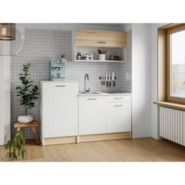 Küchen Preisbombe - Singleküche 160 cm Küchenzeile Küchenblock Einbauküche Küche Weiß + Eiche Sonoma