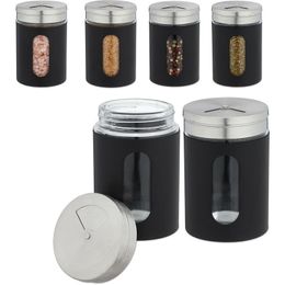 Relaxdays - Gewürzstreuer, 6er Set, 3 Streugrößen, Gewürze & Kräuter, xl Gewürzgläser, 290 ml, Glas & Edelstahl, schwarz