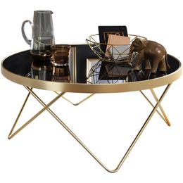 KADIMA DESIGN Beistelltisch "Retro-Charme", schwarze Glasplatte, goldene Beine, 82 cm Durchmesser.