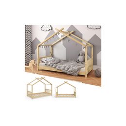 Vitalispa Kinderbett Hausbett DESIGN 80x160cm Natur Zaun Kinder Holz Haus Hausbett