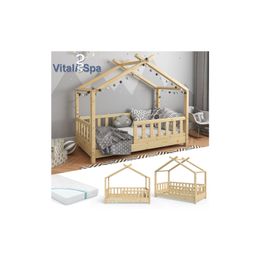 Vitalispa Kinderbett Hausbett DESIGN 70x140cm Natur Zaun Kinder Holz Haus Hausbett mit Matratze