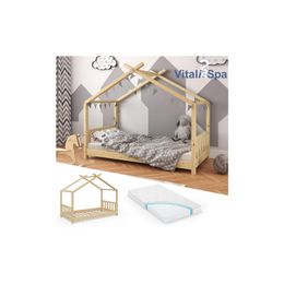 Vitalispa Kinderbett Hausbett DESIGN 80x160cm Natur Zaun Kinder Holz Haus Hausbett mit Matratze