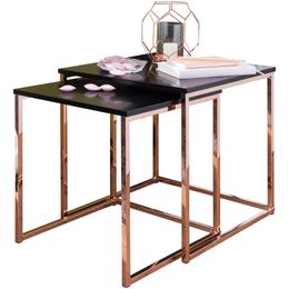 KADIMA DESIGN Couchtisch Set TRONTO: 2 Tische, Gold-Look, Metallgestell, schwarze Glas/MDF-Platte, 40/35x42/39x40/35 cm.