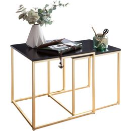 KADIMA DESIGN Couchtisch Set TRONTO: 2 Tische, Gold-Look, Metallgestell, schwarze Glas/MDF-Platte, 40/35x42/39x40/35 cm.