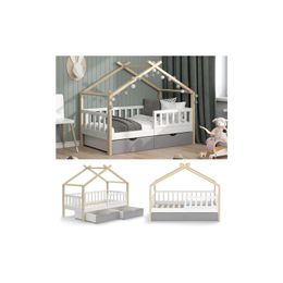 VICCO VitaliSpa Kinderbett Hausbett Einzelbett Design Weiß Grau Natur modern 80x160 cm Kinderzimmer Bett Massivholz Lattenrost Schublade Rausfallschutz Schubladenbett