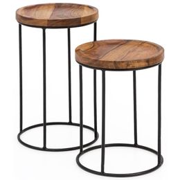 KADIMA DESIGN Massivholz Beistelltische, Industrieller Stil, Sheesham Holz und Metall, 2er Set.