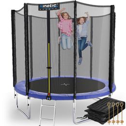 KINETIC SPORTS Outdoor Trampolin Ø 183/244/305 cm – Kindertrampolin Komplett-Set inkl. Regenplane, Leiter, Erdanker – Gartentrampolin TÜV Rheinland geprüft, bis zu 150kg Ø 244 cm, Blau