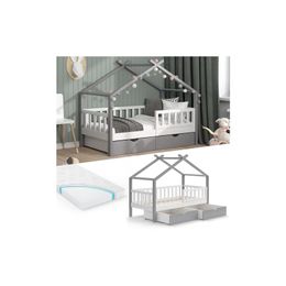 VICCO VitaliSpa Kinderbett Hausbett Einzelbett Design Weiß Grau modern 80x160 cm Kinderzimmer Bett Massivholz Lattenrost Schublade Rausfallschutz Schubladenbett Matratze