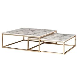 KADIMA DESIGN MARMIX Couchtische 2er Set: Quadratisch, Marmoroptik, Metallgestell, 22-27 cm Höhe, leicht zu reinigen.