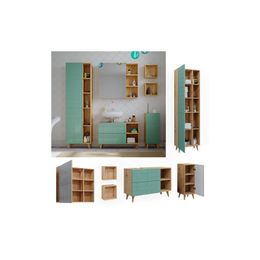 VICCO Badmöbel-Set Rudi in Eiche Evoke Mintgrün, Badezimmer, moderne Badserie Waschbeckenunterschrank Spiegelschrank Midischrank Hochschrank Wandregal