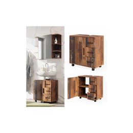 VICCO Waschtischunterschrank Waschbeckenunterschrank Ilias Old Style modern 60x61 cm Badezimmer Schrank Badschrank Badkommode Badmöbel 1 Tür 3 Schubladen